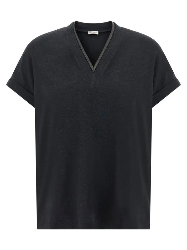 Brunello Cucinelli Oversized V-neck T-shirt With Shiny Trims - Gray