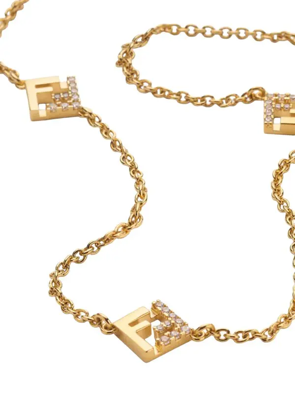 Fendi Gold Metal Ff Logo Crystal Necklace