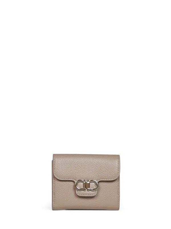 FERRAGAMO Warm Taupe Hammered Calfskin Leather Gancini Compact Wallet - Multicolor