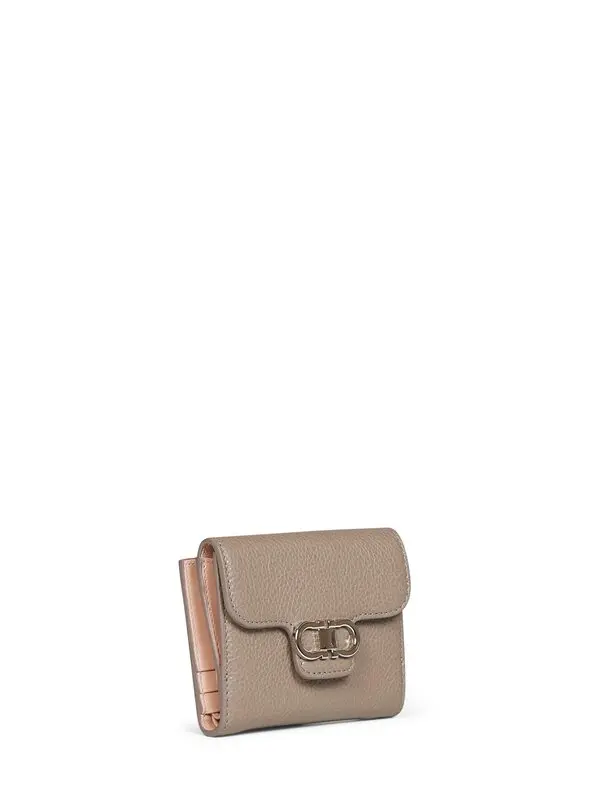 FERRAGAMO Warm Taupe Hammered Calfskin Leather Gancini Compact Wallet - Multicolor