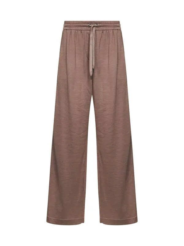 Brunello Cucinelli Brown Cotton And Silk Blend Wide Leg Trousers With Monili Detail - Multicolor