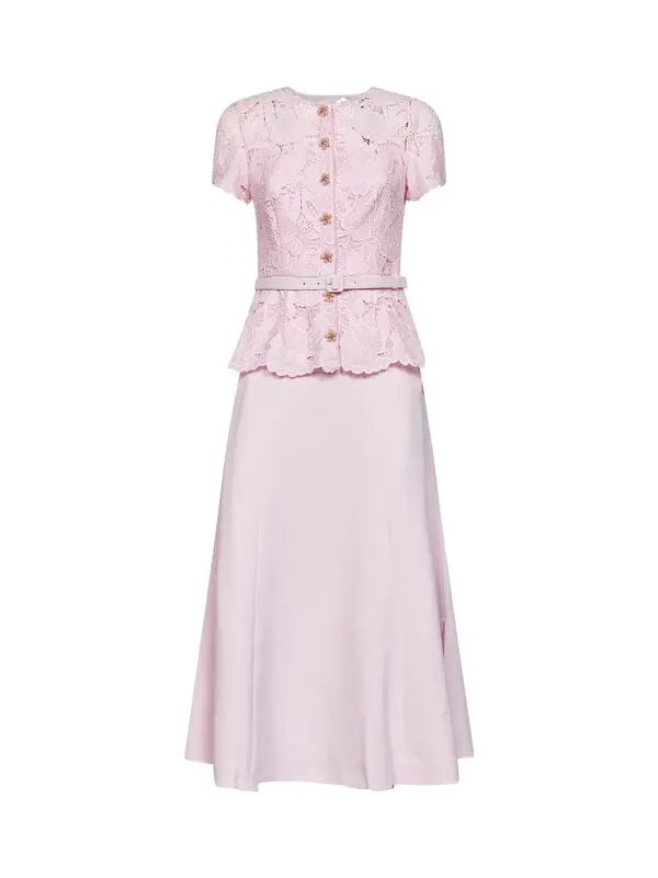 SELF-PORTRAIT Pink Crepe And Lace Belted Midi Dress - Multicolor