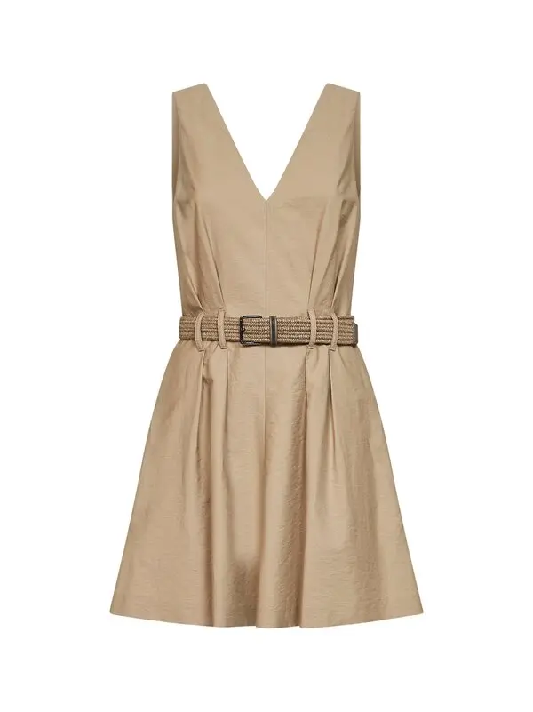 Brunello Cucinelli Sahara Texture Twill Mini Dress With Belt And Monili - Multicolor