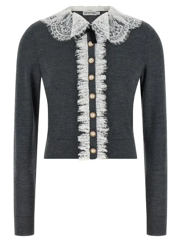 SELF-PORTRAIT Grey Lace Collar Knit Cardigan