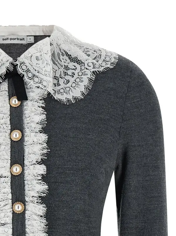 SELF-PORTRAIT Grey Lace Collar Knit Cardigan