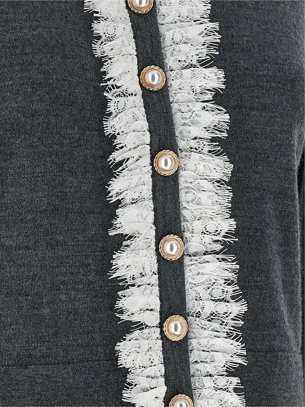 SELF-PORTRAIT Grey Lace Collar Knit Cardigan