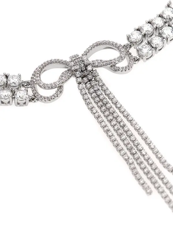 SELF-PORTRAIT Double Crystal Bow Choker Necklace - Silver