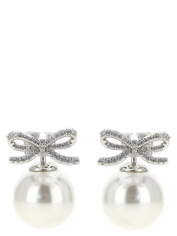 SELF-PORTRAIT Crystal Bow Pearl Back Earrings - Silver
