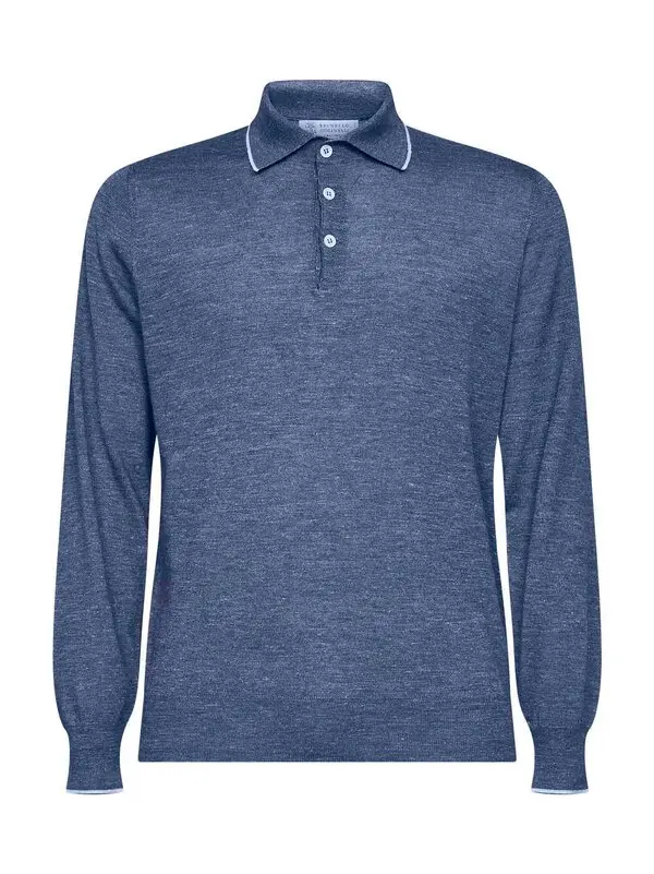 Brunello Cucinelli Blue Cashmere And Silk And Hemp Knit Polo Shirt