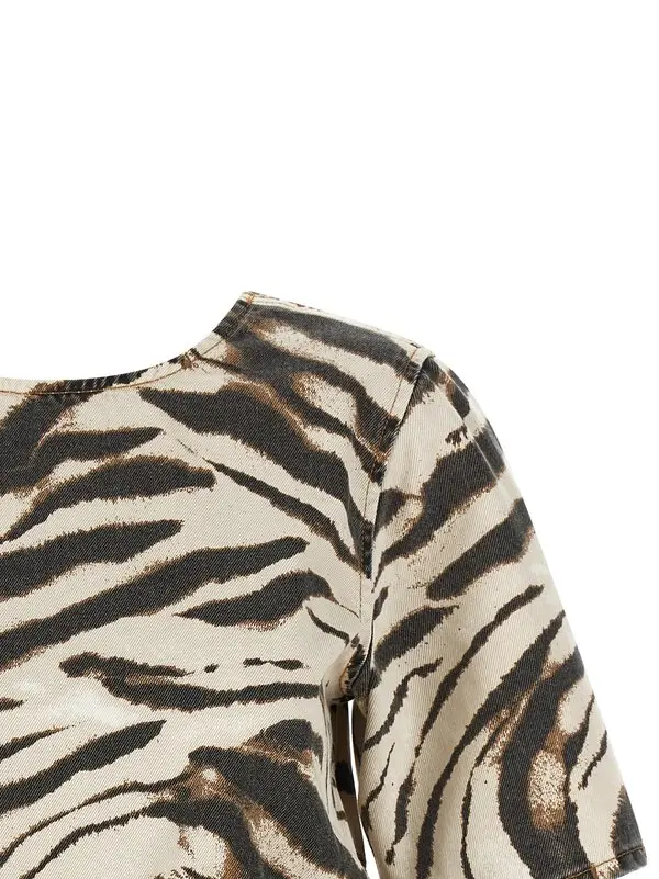 GANNI Zebra Print Cotton Denim Top With Flounces - Multicolor