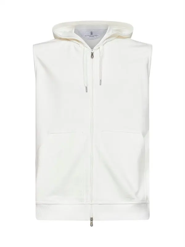 Brunello Cucinelli Off-white Techno Fleece Zip-up Hooded Vest