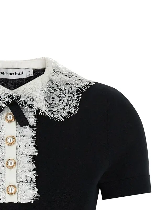 SELF-PORTRAIT Knit Top With Lace Collar And Bow Detail