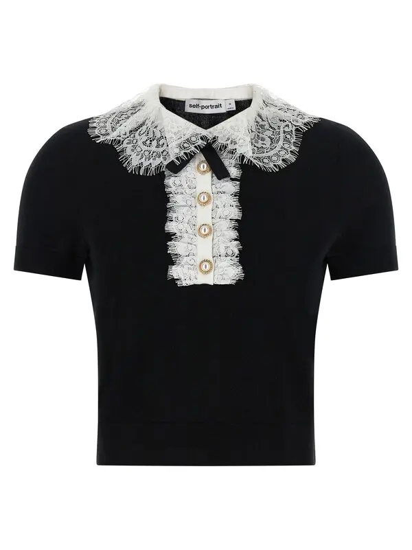 SELF-PORTRAIT Knit Top With Lace Collar And Bow Detail - Multicolor