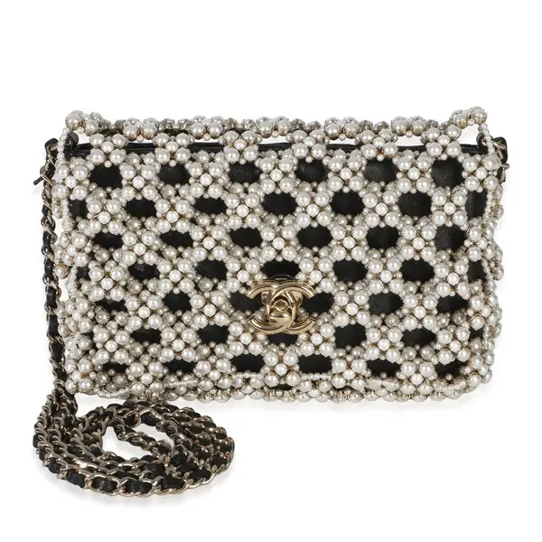 Chanel Gold Metal Pearl Embellished Flap Bag - Black