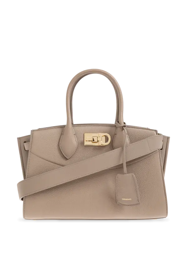 FERRAGAMO Leather Bag With Gold-tone Clasp And Logo Detail - Beige