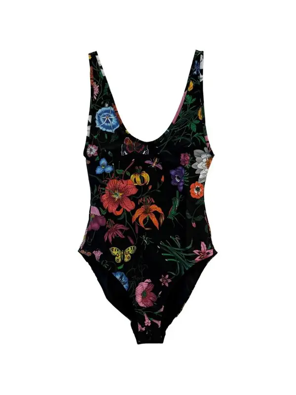 Gucci Black Floral Print Sleeveless Swimsuit - Multicolor