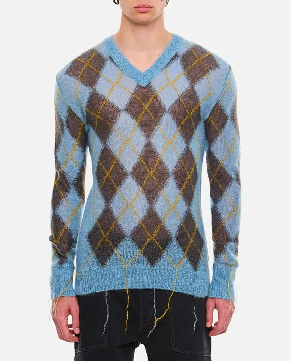 Marni V-neck Argyle See-through Sweater