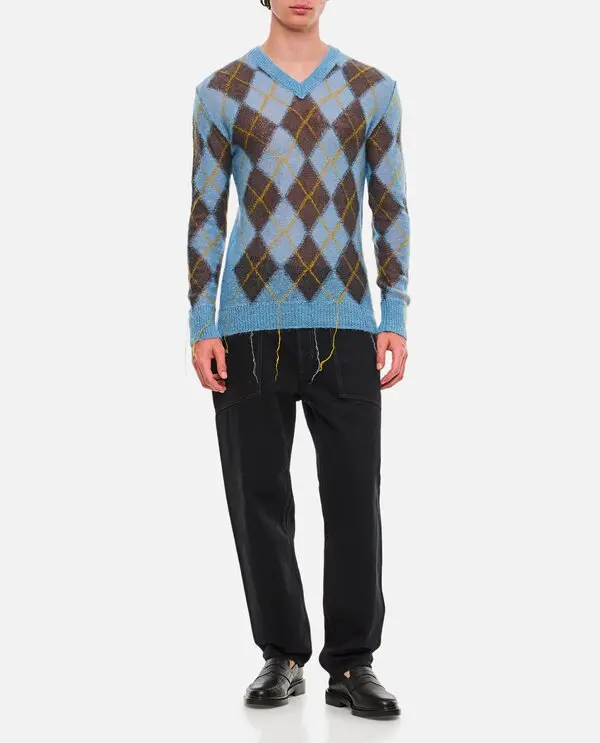 Marni V-neck Argyle See-through Sweater