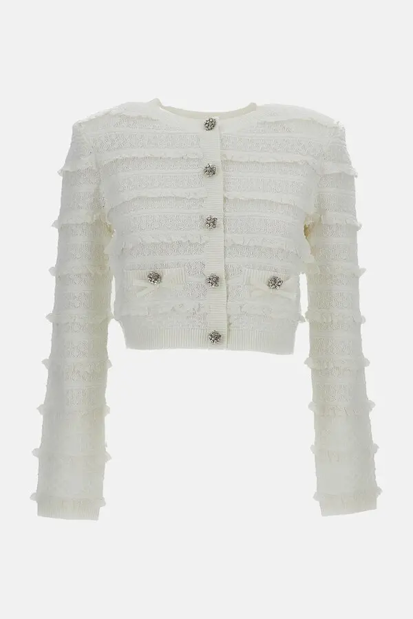 SELF-PORTRAIT White Pointelle Diamanté Cardigan - Multicolor
