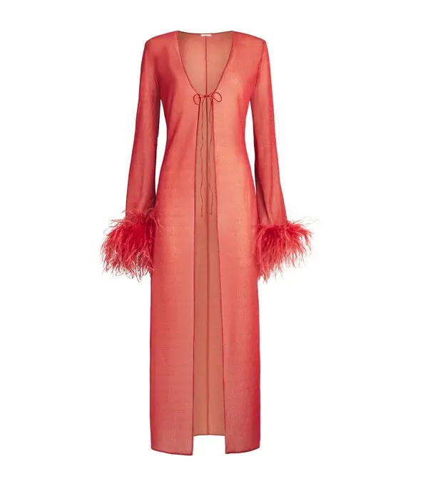 Oseree Feather-trim Maxi Kaftan Dress - Red
