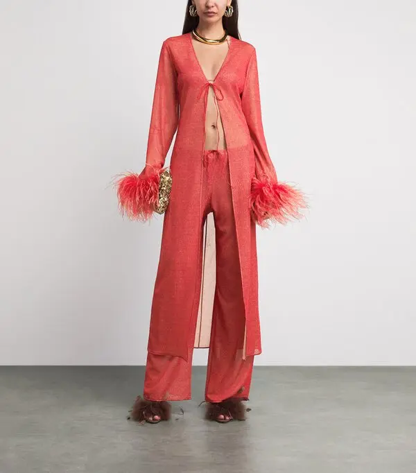 Oseree Feather-trim Maxi Kaftan Dress