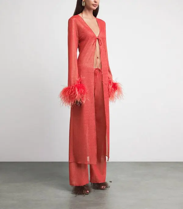 Oseree Feather-trim Maxi Kaftan Dress