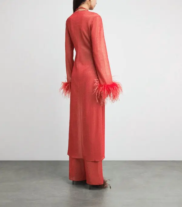 Oseree Feather-trim Maxi Kaftan Dress