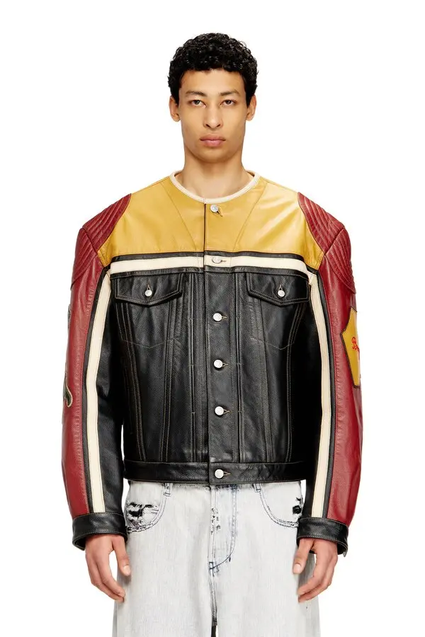 DIESEL® Leather Biker Jacket With Graphic Patches