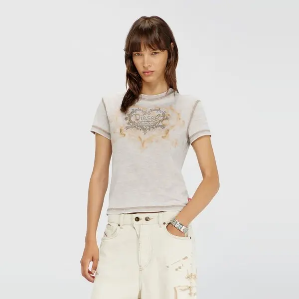 DIESEL® Jersey T-shirt With Rhinestones And Burnout Effect - Grey