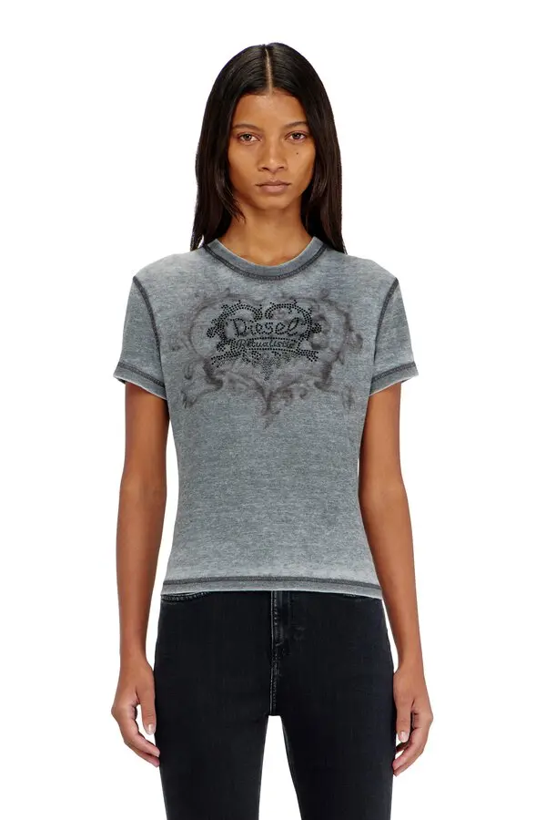DIESEL® Jersey T-shirt With Rhinestones And Burnout Effect - Grey