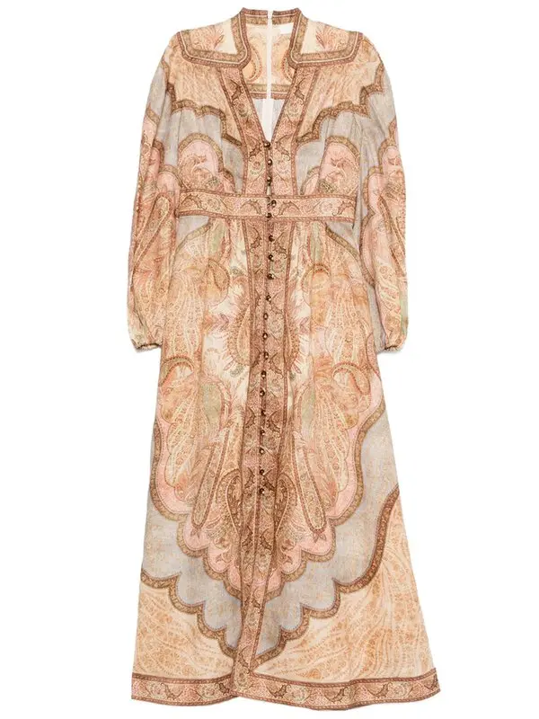 Zimmermann Linen Plunge Midi Dress - Multicolor