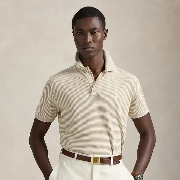 Ralph Lauren Classic Striped Stretch Mesh Polo Shirt - Classic Khaki/white