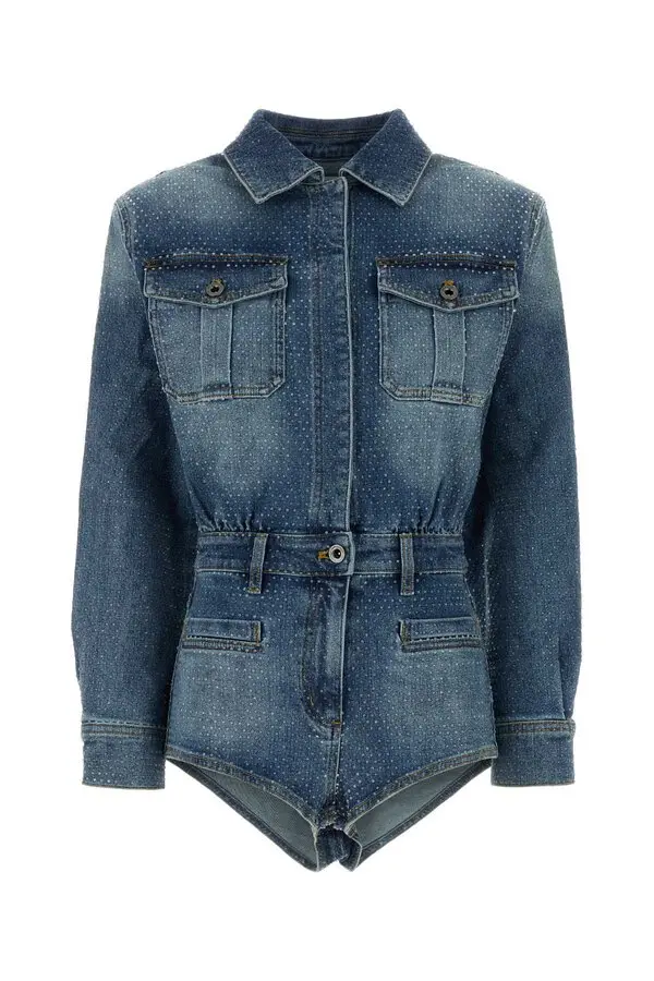 SELF-PORTRAIT Embellished Denim Jumpsuit - Blue
