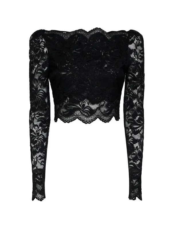 Rabanne Black Stretch Floral Lace Long-sleeved Cropped Top