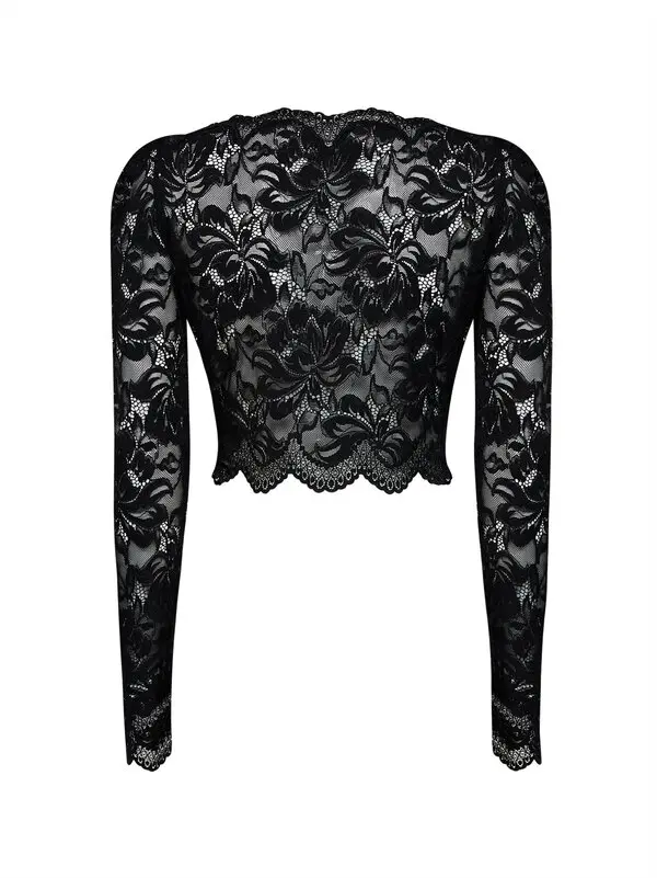 Rabanne Black Stretch Floral Lace Long-sleeved Cropped Top