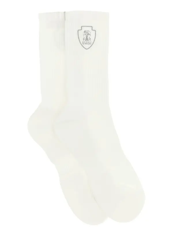 Brunello Cucinelli Ribbed Cotton Blend Crew Socks With Embroidered Logo - White