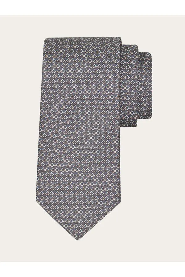 FERRAGAMO Gancini Square Print Silk Neck Tie - Grey