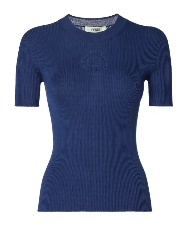 Fendi Ribbed Short-sleeve Sweater With Lace Effect Print - Navy Blue