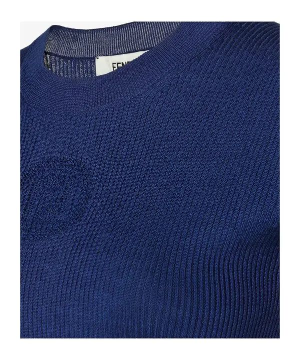 Fendi Ribbed Short-sleeve Sweater With Lace Effect Print - Navy Blue