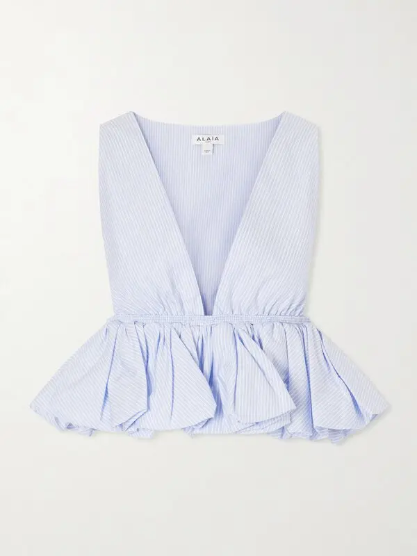 Alaïa Cropped Striped Cotton-poplin Ruffled Blouse