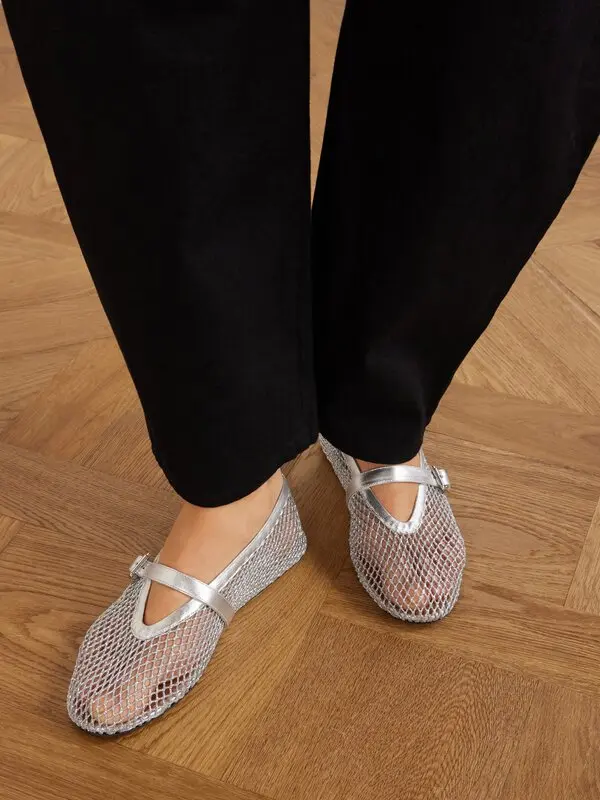 Alaïa Metallic Leather-trimmed Mesh Ballet Flats - Silver