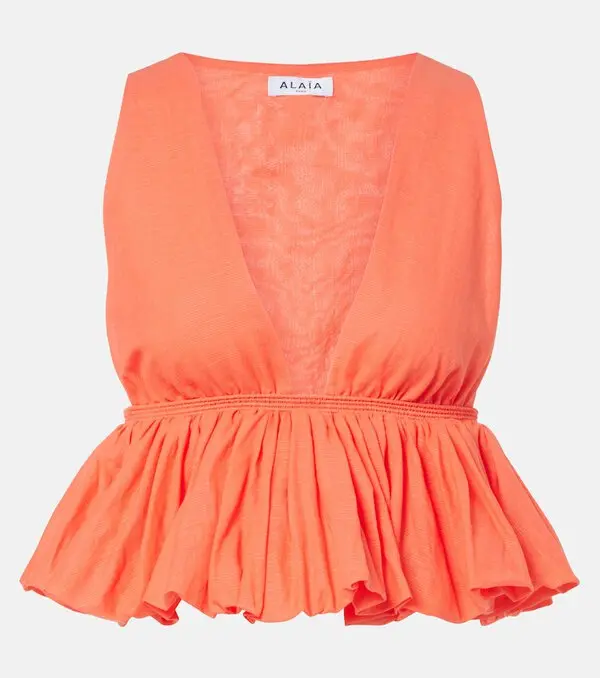 Alaïa Striped Cotton And Linen Peplum Top - Orange
