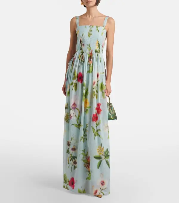 Oscar De La Renta Belted Floral Voile Maxi Dress - Blue
