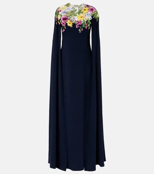 Oscar De La Renta Embroidered Cape Silk-blend Gown - Blue