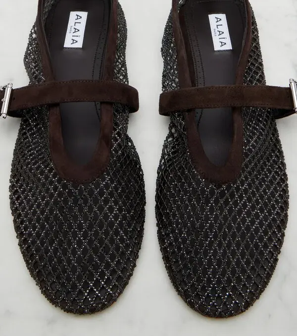 Alaïa Embellished Fishnet Mary Jane Flats - Brown