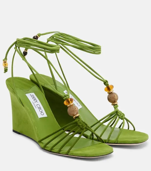JIMMY CHOO Lola Embellished Suede Wedge Sandals - Green