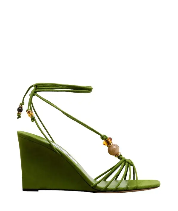 JIMMY CHOO Lola Embellished Suede Wedge Sandals - Green