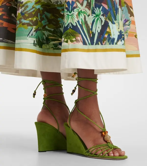 JIMMY CHOO Lola Embellished Suede Wedge Sandals - Green