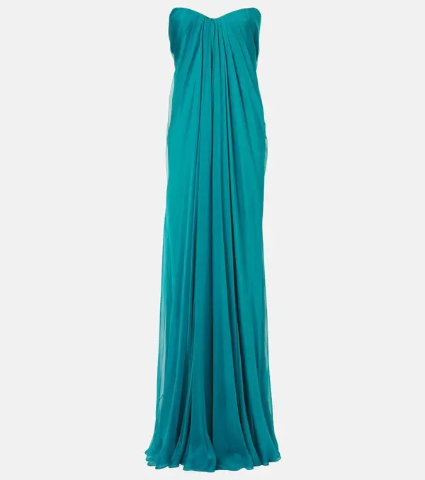 Alexander McQueen Draped Silk Chiffon Bustier Gown - Blue