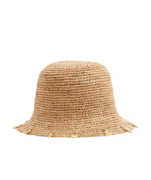 Oseree Embellished Raffia Bucket Hat - Beige